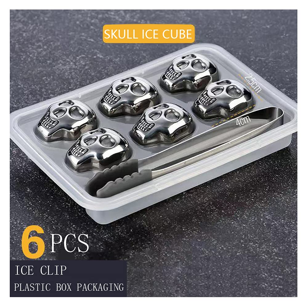 Reusable Stainless Steel Ice Cube Metal Whiskey Stones for Drinks Skull Shaped Set of 6 by i Kito