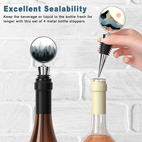 Nipichsha Wine Bottle Stoppers, 4 Pcs Leak Proof Wine Stoppers Wine Outlet Cap, Reusable Silicone Wine & Beverage Bottle Stopper with Grip Top, Wine Accessories for Gift, Bar, Party(4-Natural Scenery)