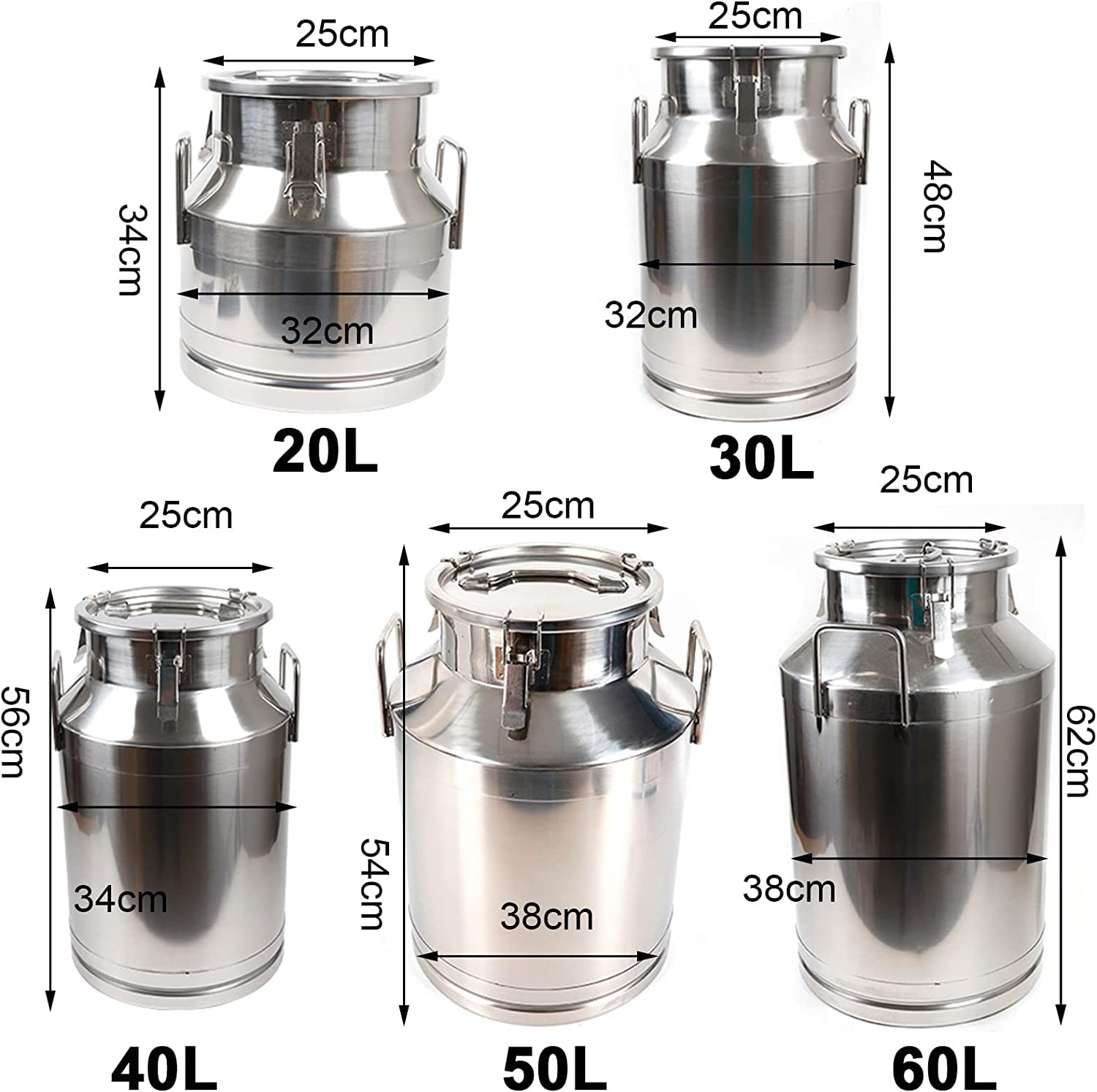 20-60L Stainless Steel Milk Can Wine Milk Bucket Wine Pail Bucket Milk Can Tote Jug with Sealed Lid Heavy Duty, with Independent Embedded Silicone Sealed Lid (40L)