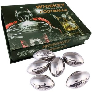 whisky stones stainless steel footballs set of 6 in a luxury box. reusable chilling rocks stone ice cubes beer, wine chillers. cool birthday gift sets for him man father's day dad or rugby sports fan.