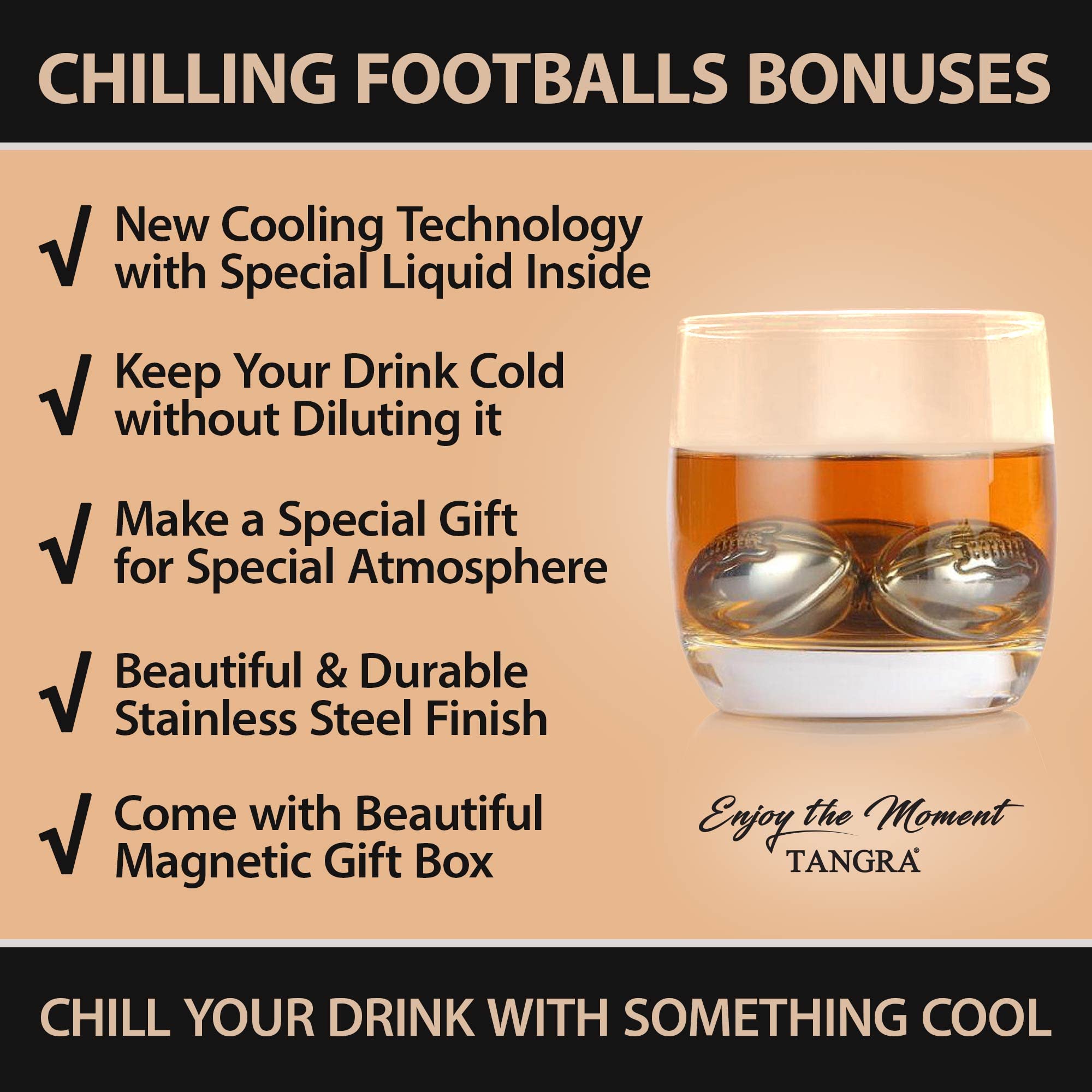 Whisky Stones Stainless Steel Footballs Set of 6 in a Luxury Box. Reusable Chilling Rocks Stone Ice Cubes Beer, Wine Chillers. Cool Birthday Gift Sets for Him Man Father's day Dad or Rugby Sports Fan.