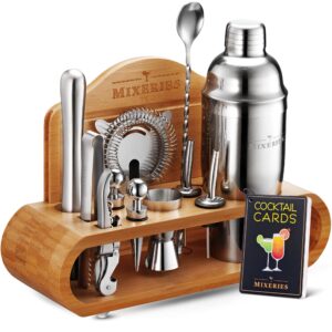 mixology bartender kit with stand - 18 piece bar set cocktail shaker set, drink mixer set for home bar with all bar accessories - bar tool set, cocktail kit, mixology set, bar kit