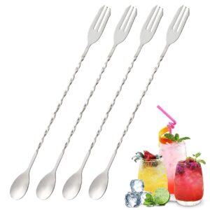 wepikk bar spoon cocktail mixing spoon bar stirring spoon drink stirrers fruit fork 4 pcs stainless steel bar set bartender kit 12.6 inch spiral pattern long handle