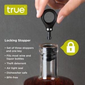 True Locking Bottle Stoppers with Key - Stainless Steel and Silicone Wine Topper Seal Set of 3 with Key - Dishwasher Safe