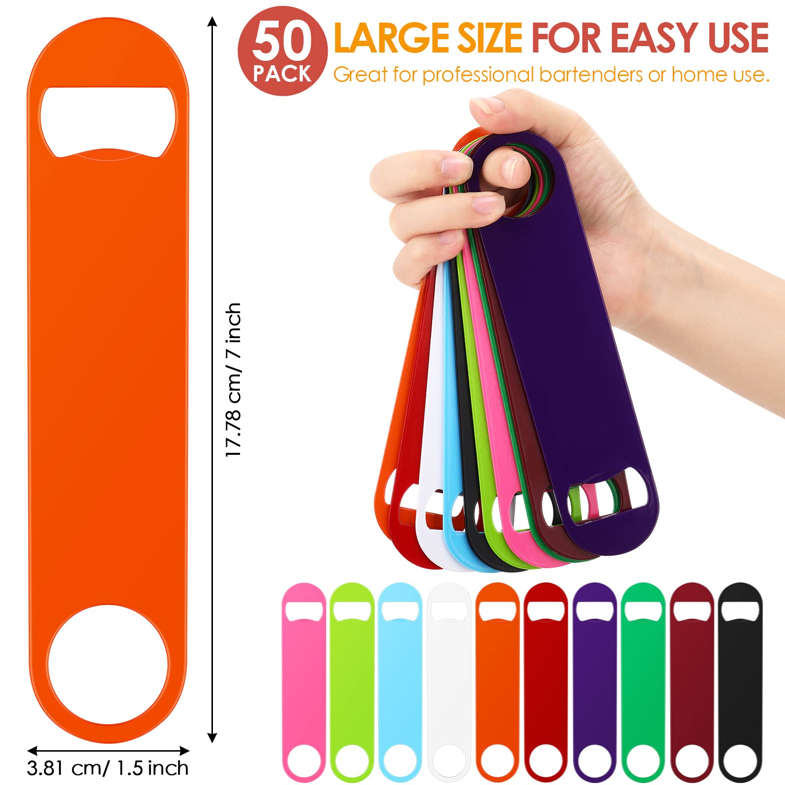 50 Pieces Bottle Opener Stainless Steel Flat Solid Bar Key 7 Inch Bartender Bottle Opener Hanging Beer Can Opener Colorful Beer Openers for Men Women Bar Kitchen Restaurant Party Supplies, 10 Colors