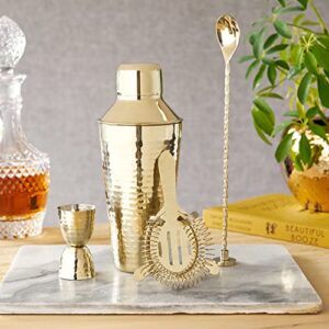 Twine Gold Hammered Barware Set, Stainless Steel Shaker, Jigger, Muddler, Bar Spoon, Hawthorne Strainer, Gold, Set of 4