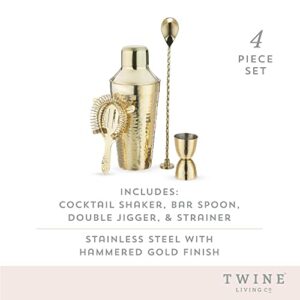 Twine Gold Hammered Barware Set, Stainless Steel Shaker, Jigger, Muddler, Bar Spoon, Hawthorne Strainer, Gold, Set of 4