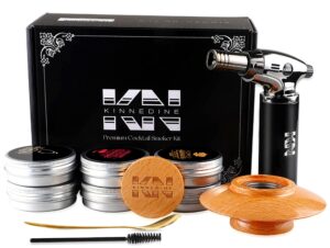 kinnedine | cocktail smoker with torch, premium quality whiskey gifts for men, best for bourbon whisky, six flavor wood chips for infusing cocktails, wine, whiskey, cheese, salad, and meat. cleaning kit included for easy clean up. (no butane)