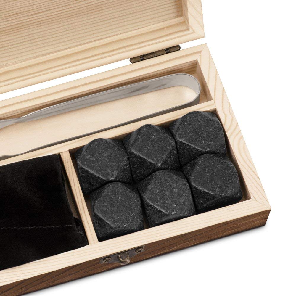 Maverton Whisky Stones Gift Set for Parents - 6 Granite Whiskey Rocks - Stainless Steel Pliers - Elegant Wooden Box with Engraving - for Wedding - for Couples - Classic