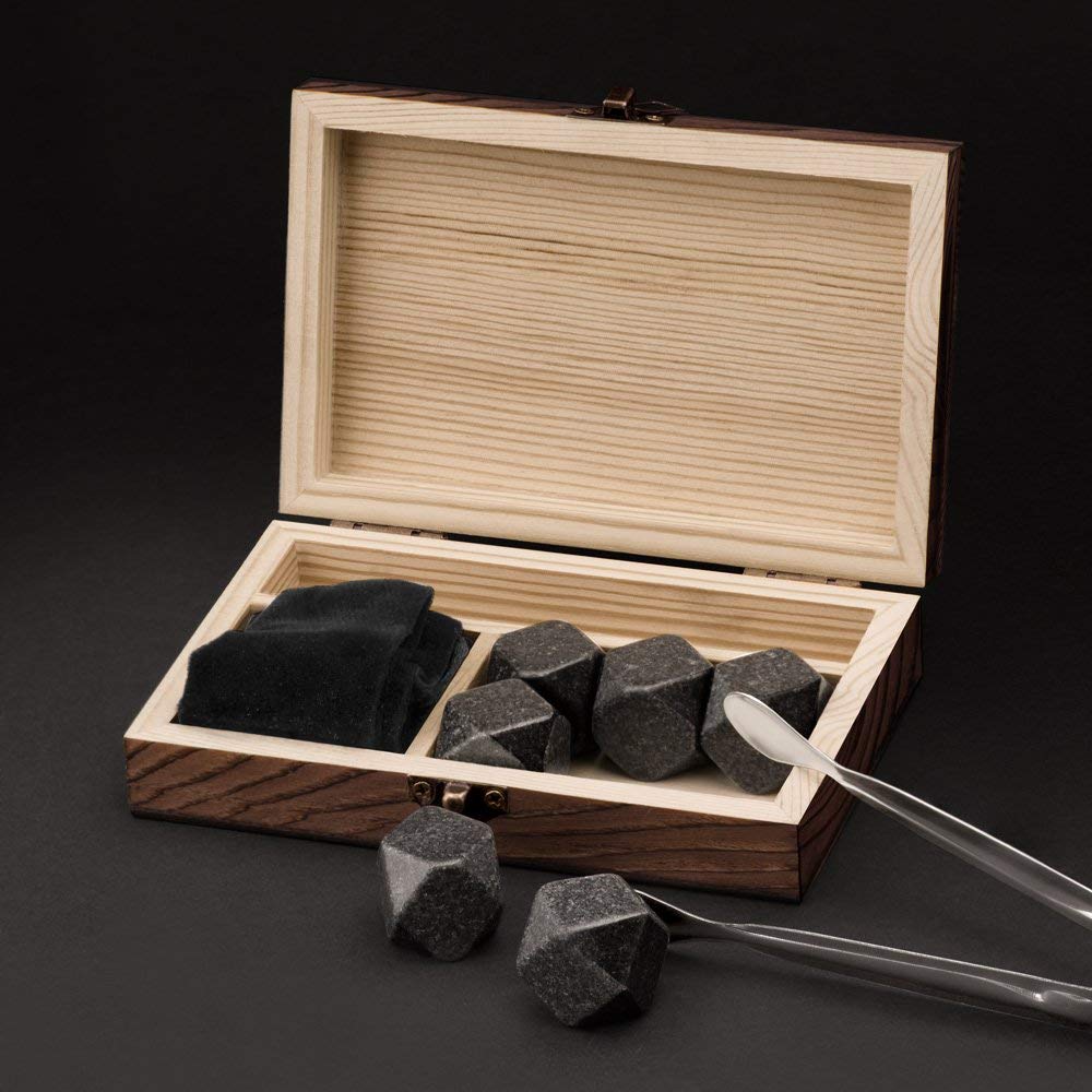 Maverton Whisky Stones Gift Set for Parents - 6 Granite Whiskey Rocks - Stainless Steel Pliers - Elegant Wooden Box with Engraving - for Wedding - for Couples - Classic