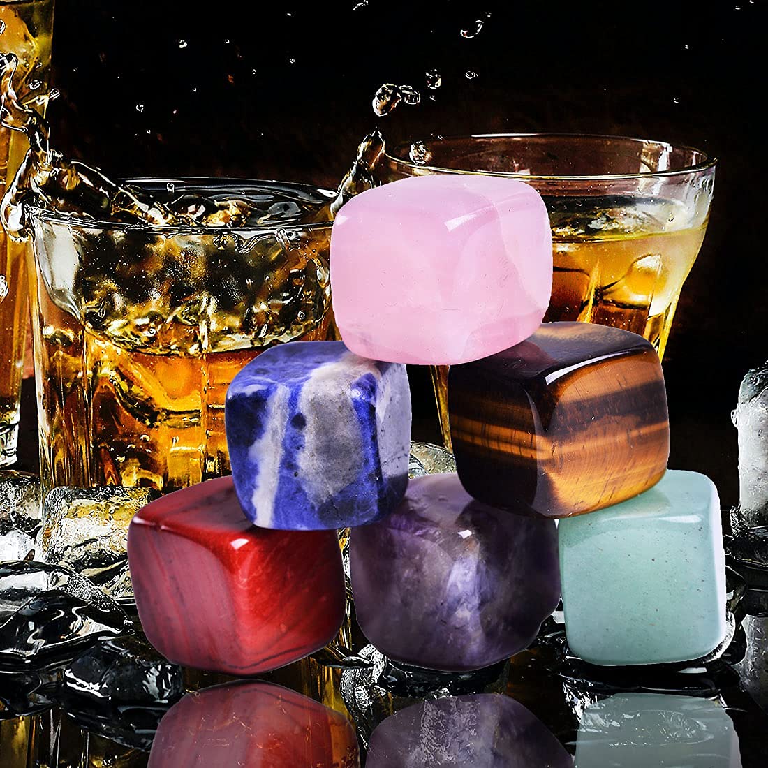 AMOYSTONE Whiskey Stones Set Reusable Ice Cube Stones Tiny Healing Crystal 0.8" Chilling Rocks Gift for Man Set of 6