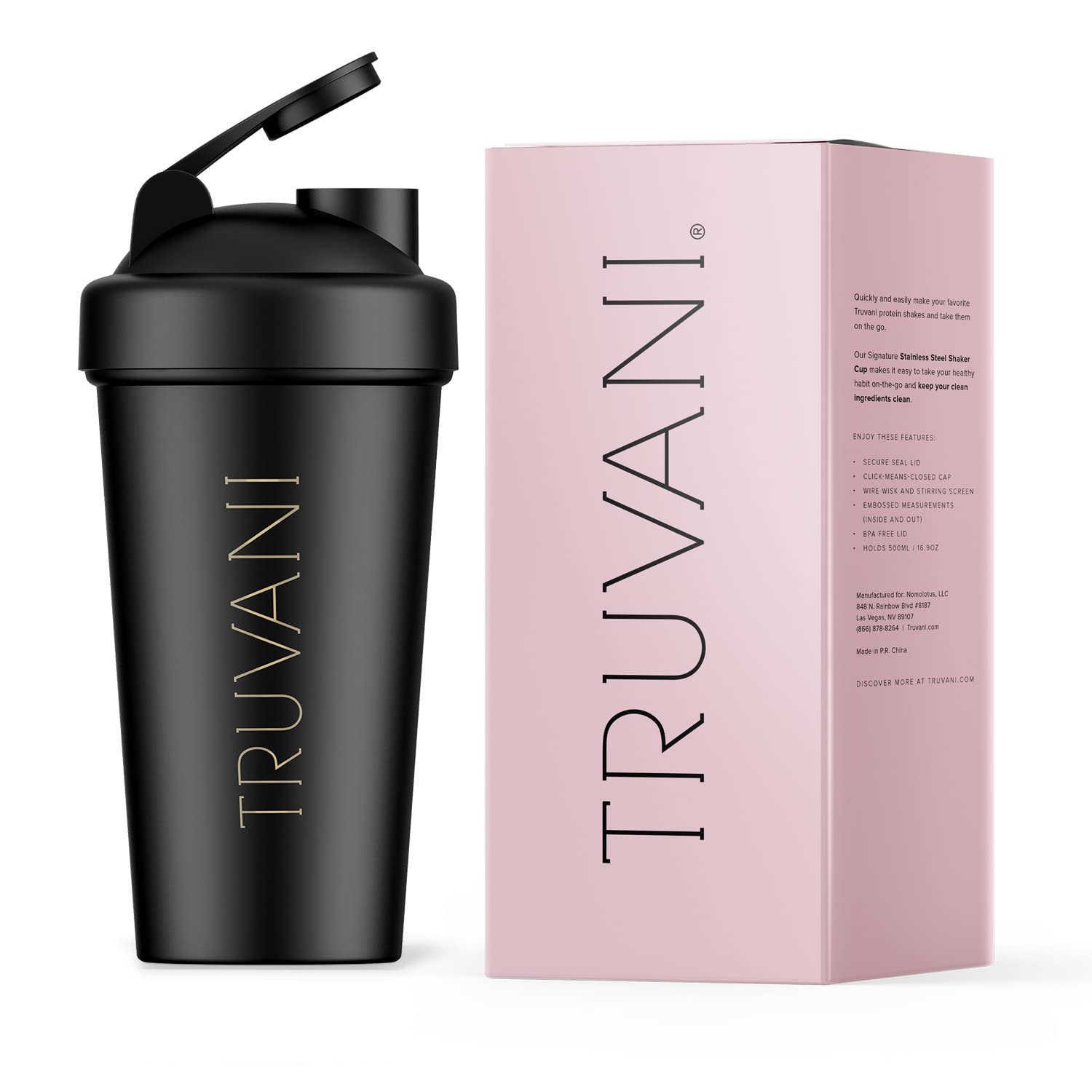 Truvani Stainless Steel Shaker Cup - Protein Shaker Bottle with BPA-Free Lid - Stainless Steel Shaker Bottle with Wire Whisk and Secure Lid - Shaker Bottles for Protein Mixes Holds 16.9 oz (Black)