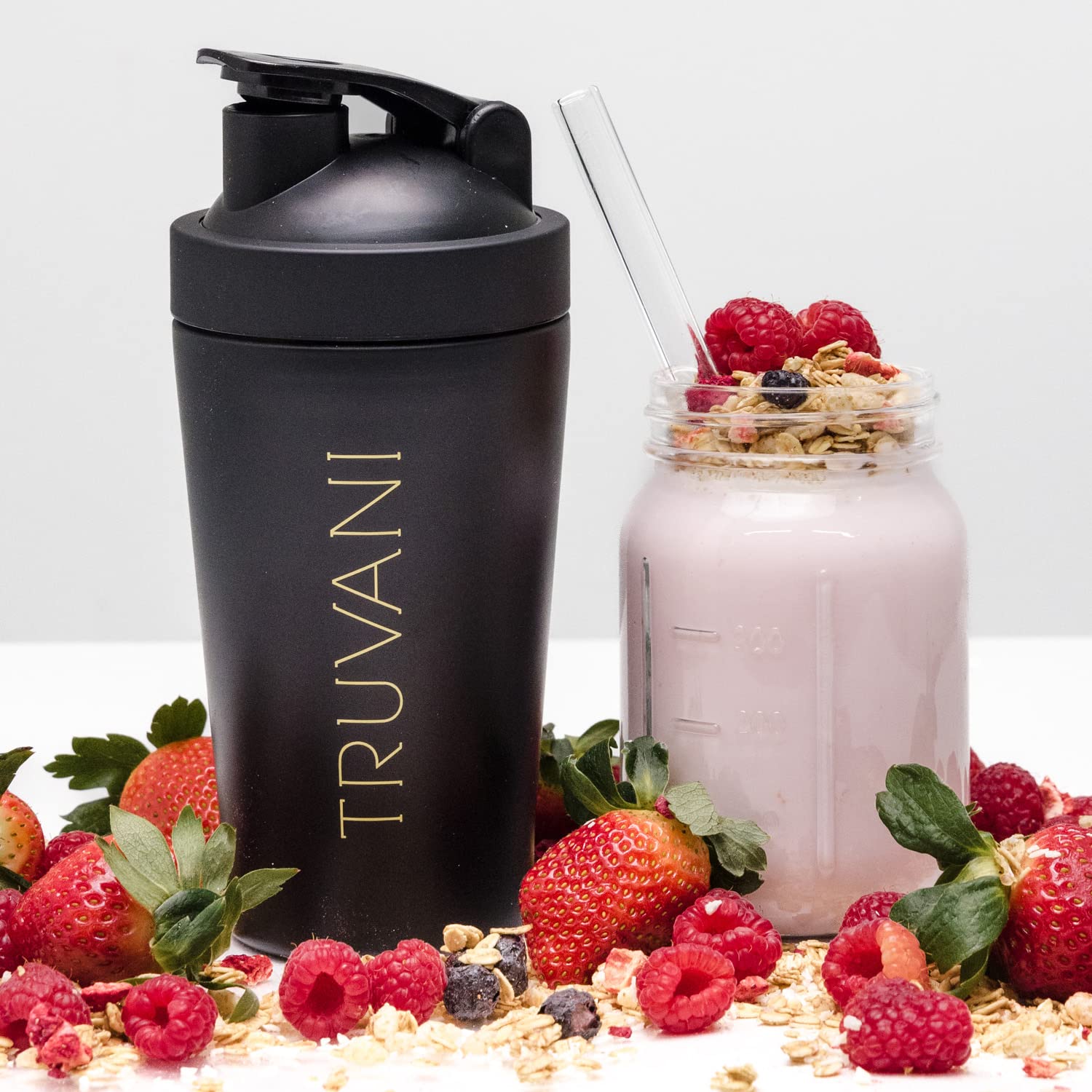 Truvani Stainless Steel Shaker Cup - Protein Shaker Bottle with BPA-Free Lid - Stainless Steel Shaker Bottle with Wire Whisk and Secure Lid - Shaker Bottles for Protein Mixes Holds 16.9 oz (Black)