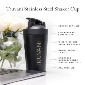 Truvani Stainless Steel Shaker Cup - Protein Shaker Bottle with BPA-Free Lid - Stainless Steel Shaker Bottle with Wire Whisk and Secure Lid - Shaker Bottles for Protein Mixes Holds 16.9 oz (Black)