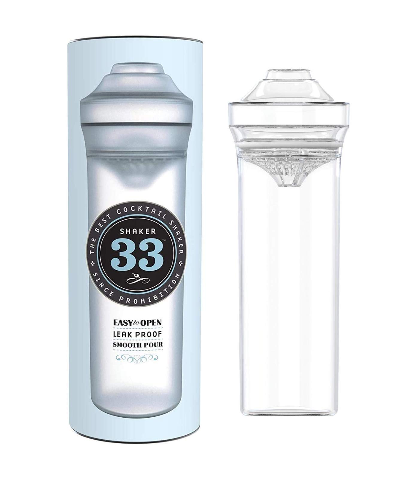 Shaker33 | Plastic Elite Cocktail Shaker Set | 24 OZ | Clear Bottle | Clear Dual Strainer | Dishwasher Safe, Shatterproof, Leakproof & Lightweight | Bartender | Lid Locking | Wedding Gift