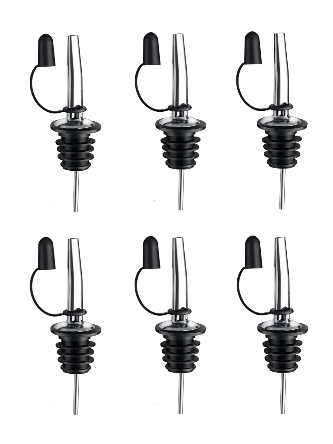 6 Pack Speed Pourers Spouts with Tapered, Liquor Pourers with Rubber Cap, Stainless Steel, Hygienic, Dishwasher Safe, Fits most Classic Bottle's Lip up to 3/4"