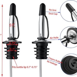 6 Pack Speed Pourers Spouts with Tapered, Liquor Pourers with Rubber Cap, Stainless Steel, Hygienic, Dishwasher Safe, Fits most Classic Bottle's Lip up to 3/4"