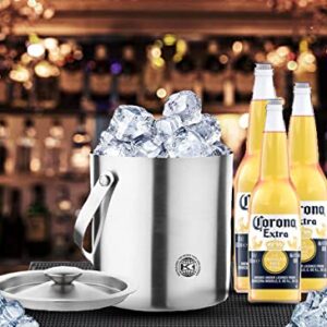 Ice Bucket With Lid, Insulated Black Ice Bucket for Cocktail Bar with Ice Tong, Double Walled Stainless Steel, 1.75 L, 1.84 Quarts, Ice Cold For 6 h with Handle (Silver)