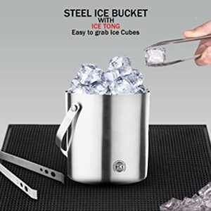 Ice Bucket With Lid, Insulated Black Ice Bucket for Cocktail Bar with Ice Tong, Double Walled Stainless Steel, 1.75 L, 1.84 Quarts, Ice Cold For 6 h with Handle (Silver)