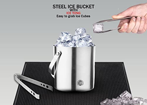 Ice Bucket With Lid, Insulated Black Ice Bucket for Cocktail Bar with Ice Tong, Double Walled Stainless Steel, 1.75 L, 1.84 Quarts, Ice Cold For 6 h with Handle (Silver)