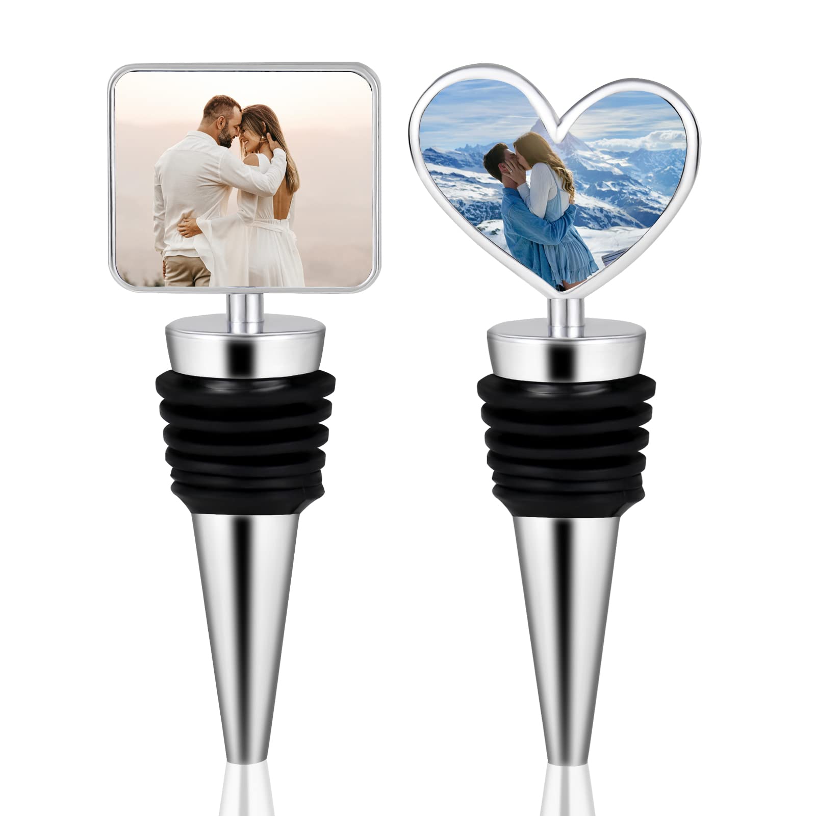 Personalized Wine Bottle Stopper with Photo, OXYEFEI Custom Wine Bottle Stoppers Can be Reused, Used for Gifts, Bars, Holiday Parties, Weddings,2Pcs (silver)