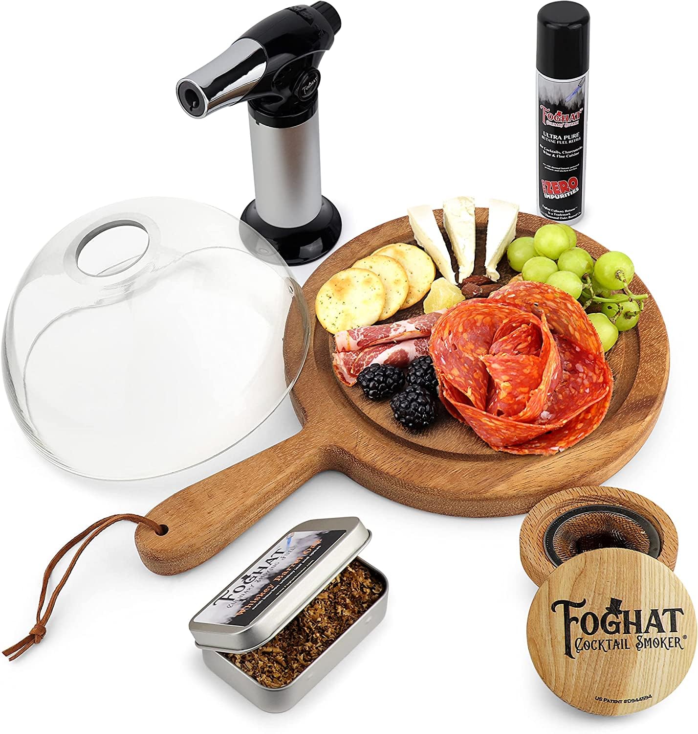 Foghat Cocktail Smoker Cloche Set, Bourbon Whiskey Barrel Oak Smoking Fuel & Smoking Torch | with Butane Infuse Whiskey, Cheese, Meats, BBQ