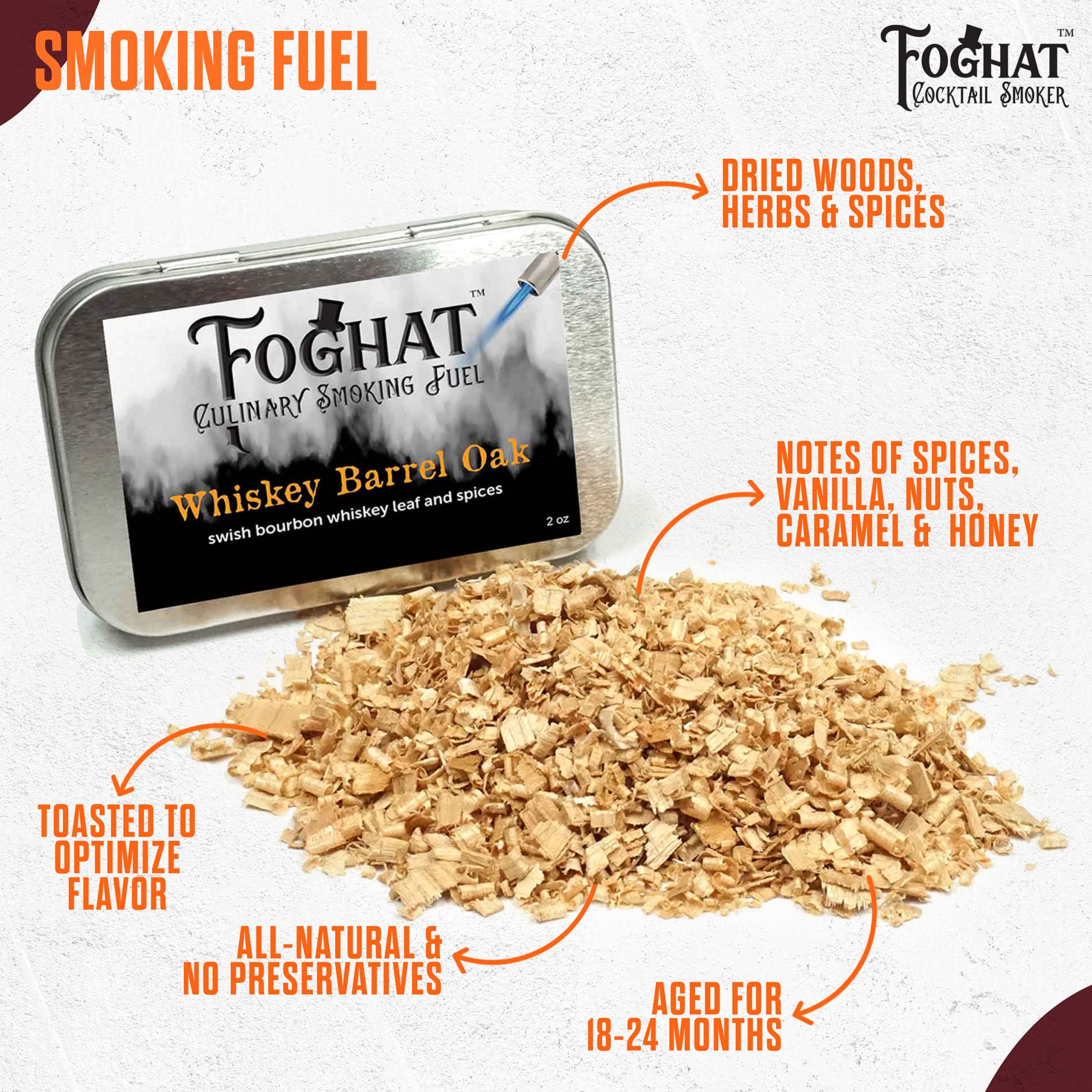 Foghat Cocktail Smoker Cloche Set, Bourbon Whiskey Barrel Oak Smoking Fuel & Smoking Torch | with Butane Infuse Whiskey, Cheese, Meats, BBQ