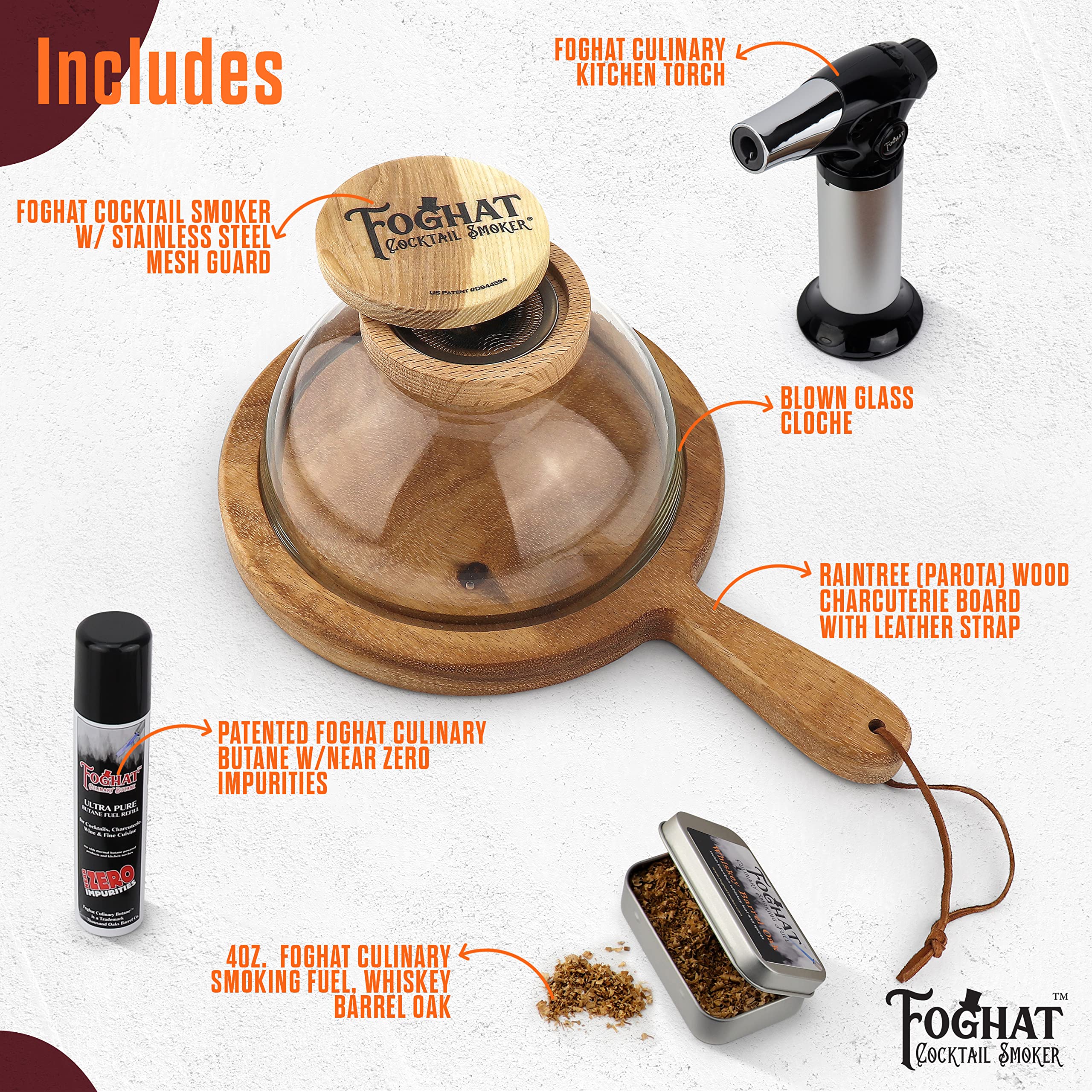 Foghat Cocktail Smoker Cloche Set, Bourbon Whiskey Barrel Oak Smoking Fuel & Smoking Torch | with Butane Infuse Whiskey, Cheese, Meats, BBQ