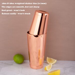 Copper Boston Cocktail Shaker Set: 2 Piece Bartender kit: 18oz & 28oz Weighted Martini Shaker Tins made from Stainless Steel 304