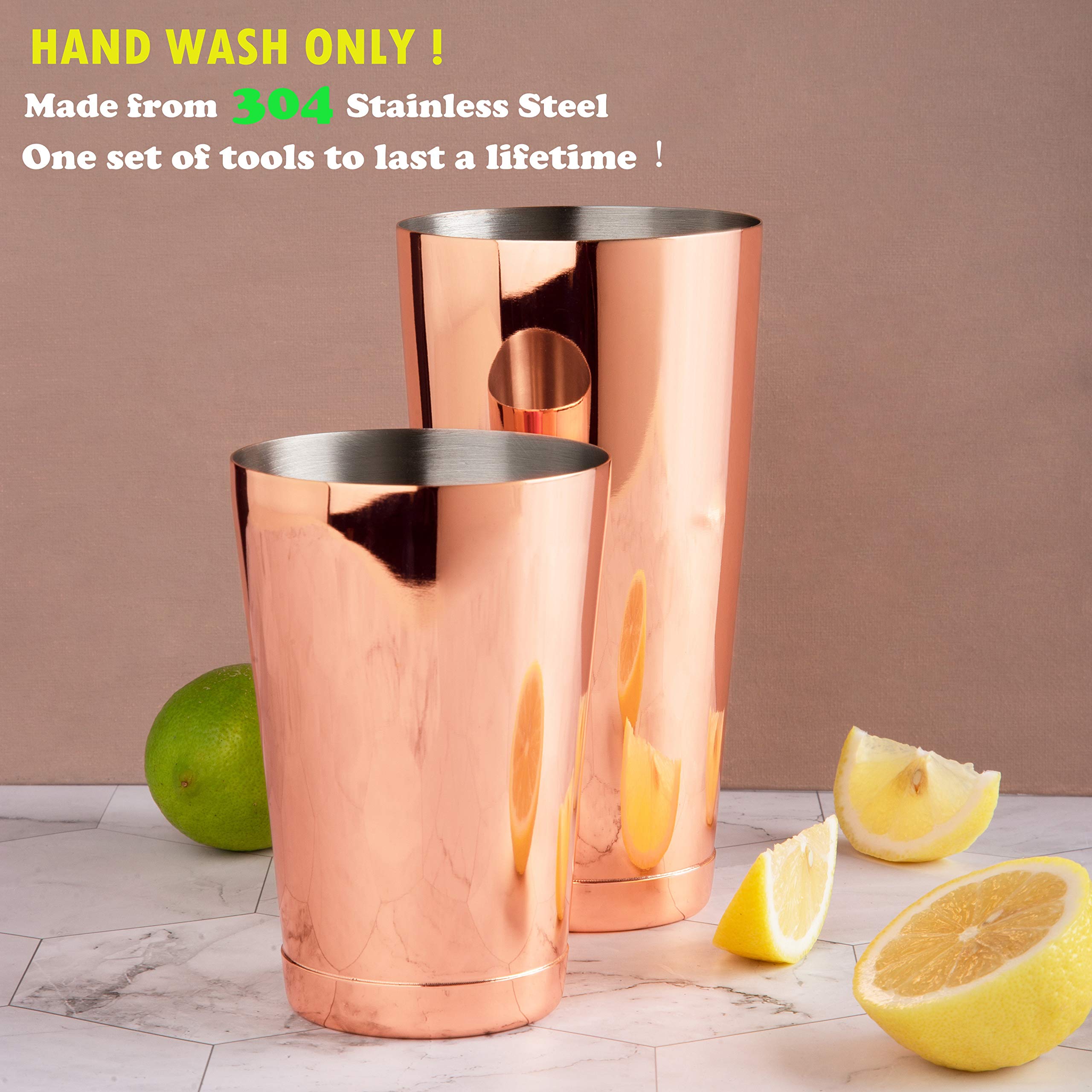 Copper Boston Cocktail Shaker Set: 2 Piece Bartender kit: 18oz & 28oz Weighted Martini Shaker Tins made from Stainless Steel 304