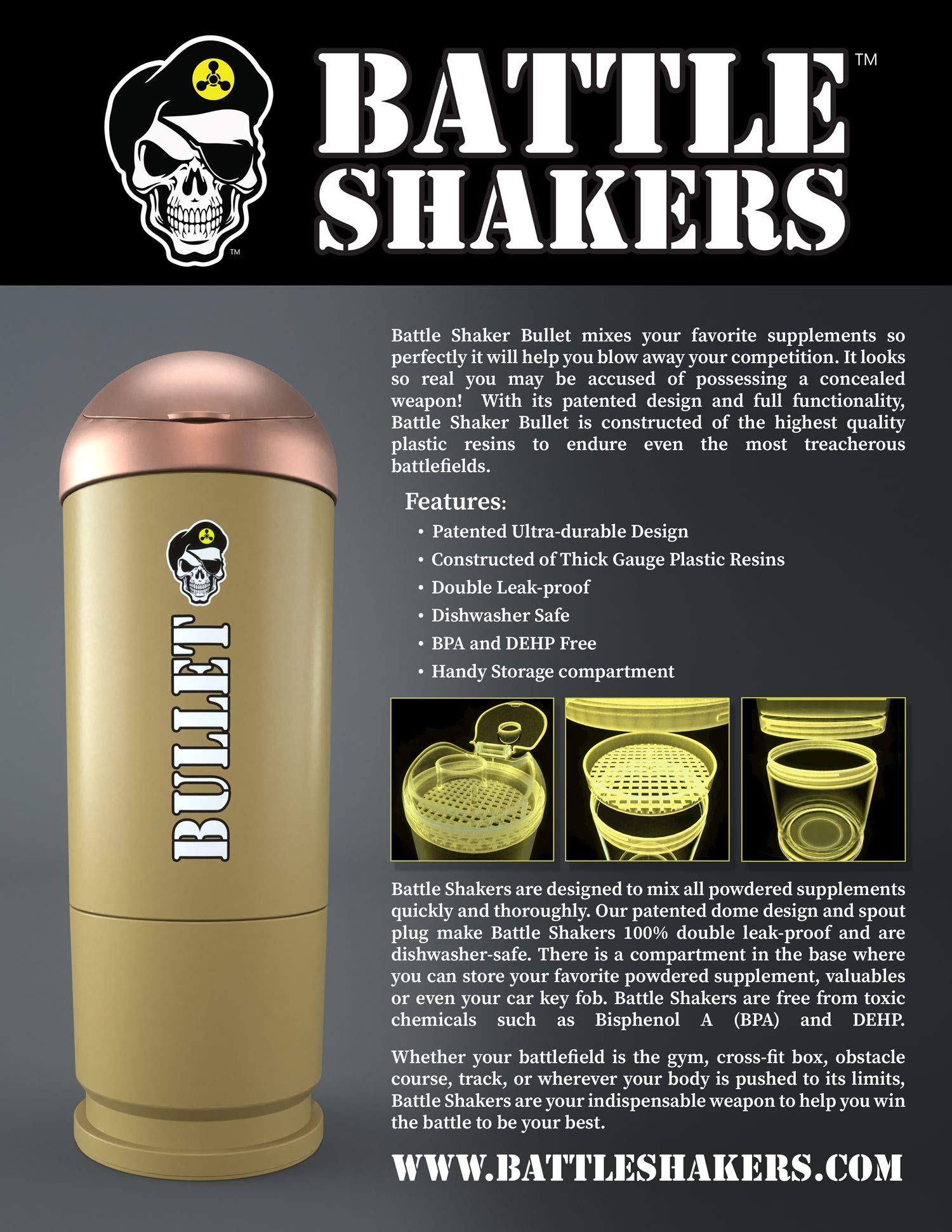 Battle Shakers Bullet Shaker Cup | Military Themed Shaker Bottle | Leak-Proof Protein Cup with Storage Compartment | Mix Protein Powders & More | Durable & Dishwasher Safe | 20 Oz