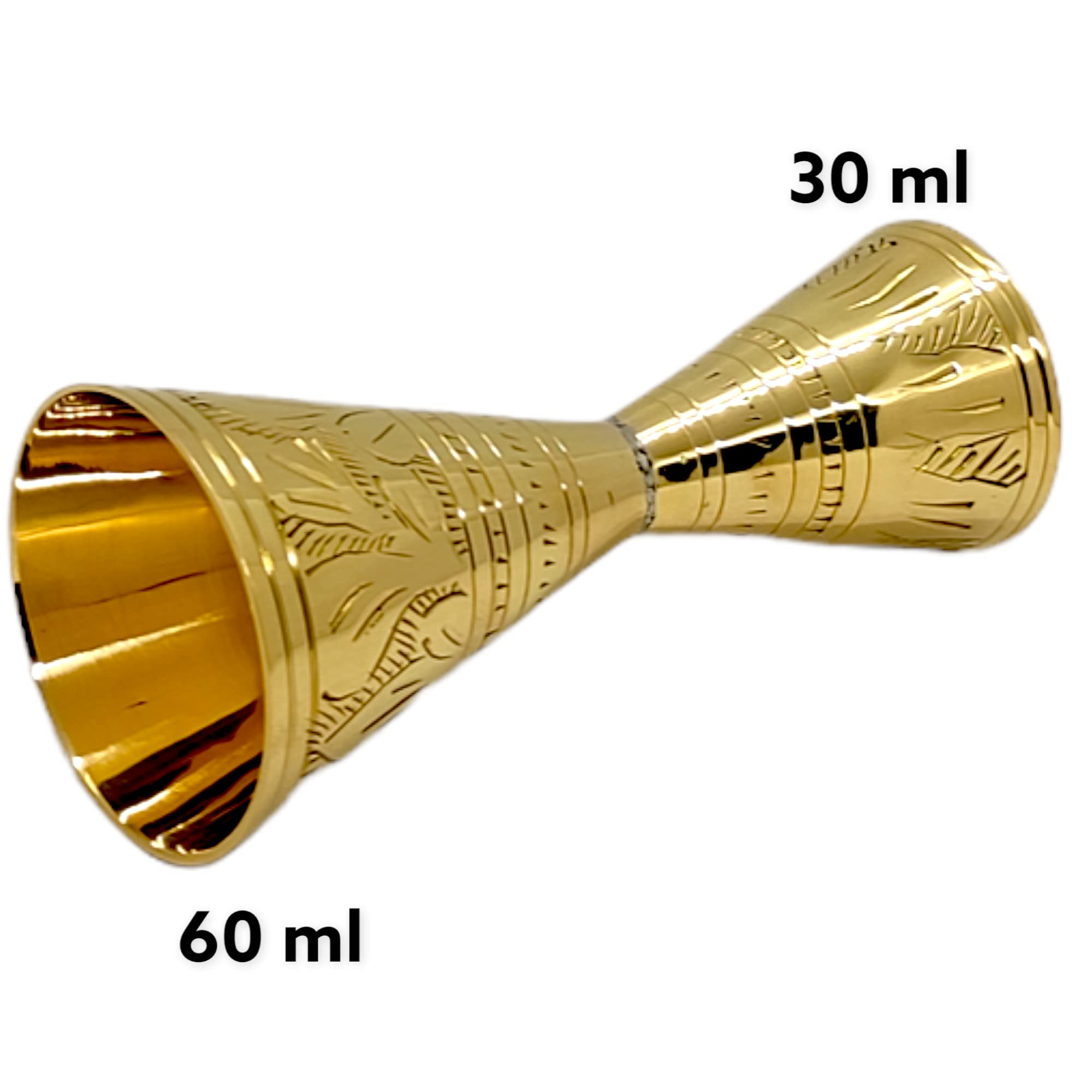 Akanksha Arts Brass, Light Golden Shade, 30 ml / 60 ml, EPNS, Alluring Engraving, 1 oz/ 2 oz Shot Glass Jigger