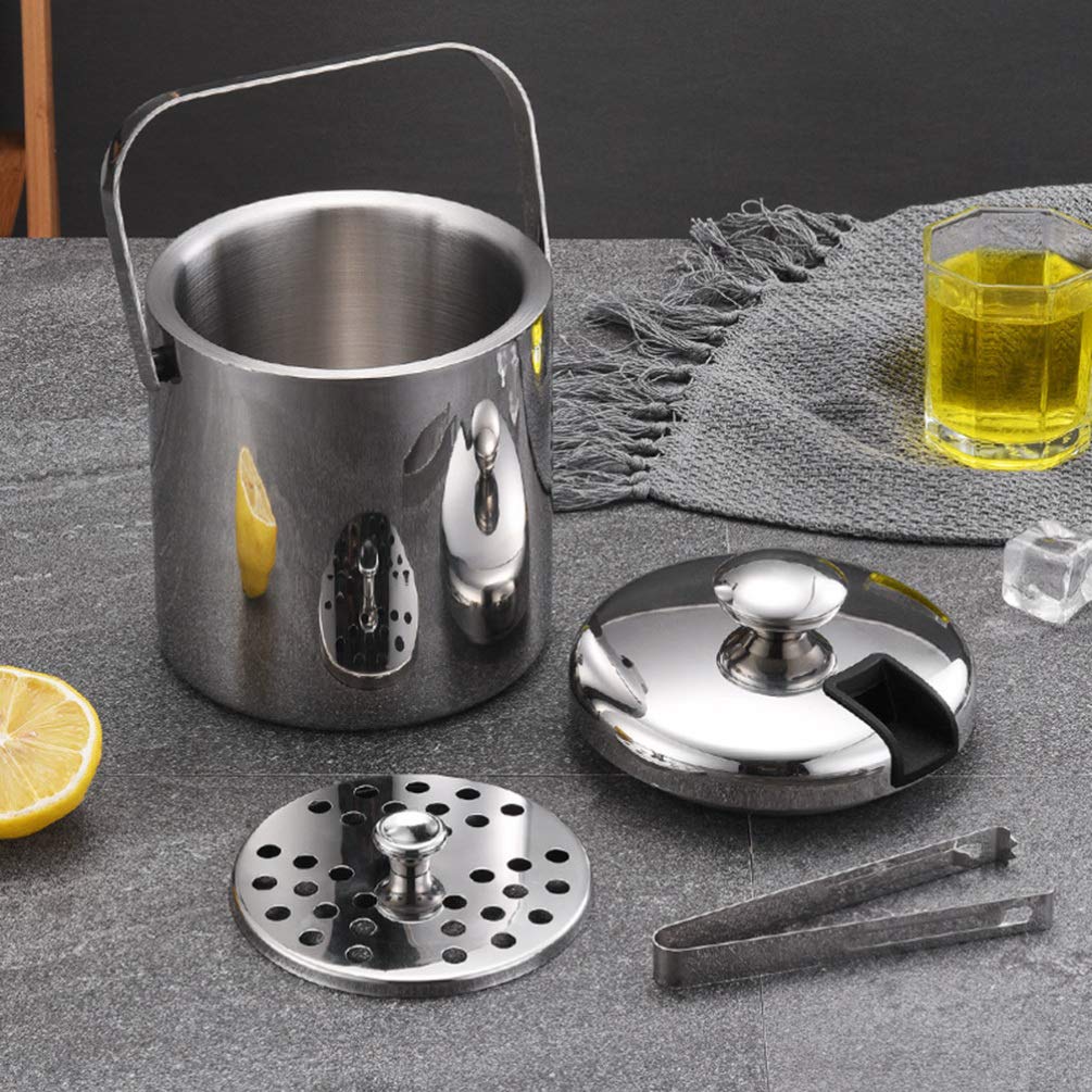 Hemoton Stainless Steel Ice Bucket with Lid Tongs and Strainer 1.3 L Double Wall Ice Barrel Insulated Ice Cube Bucket Ice holder Chilling Beer Bucket for Cocktail Bar, Parties, Buffet