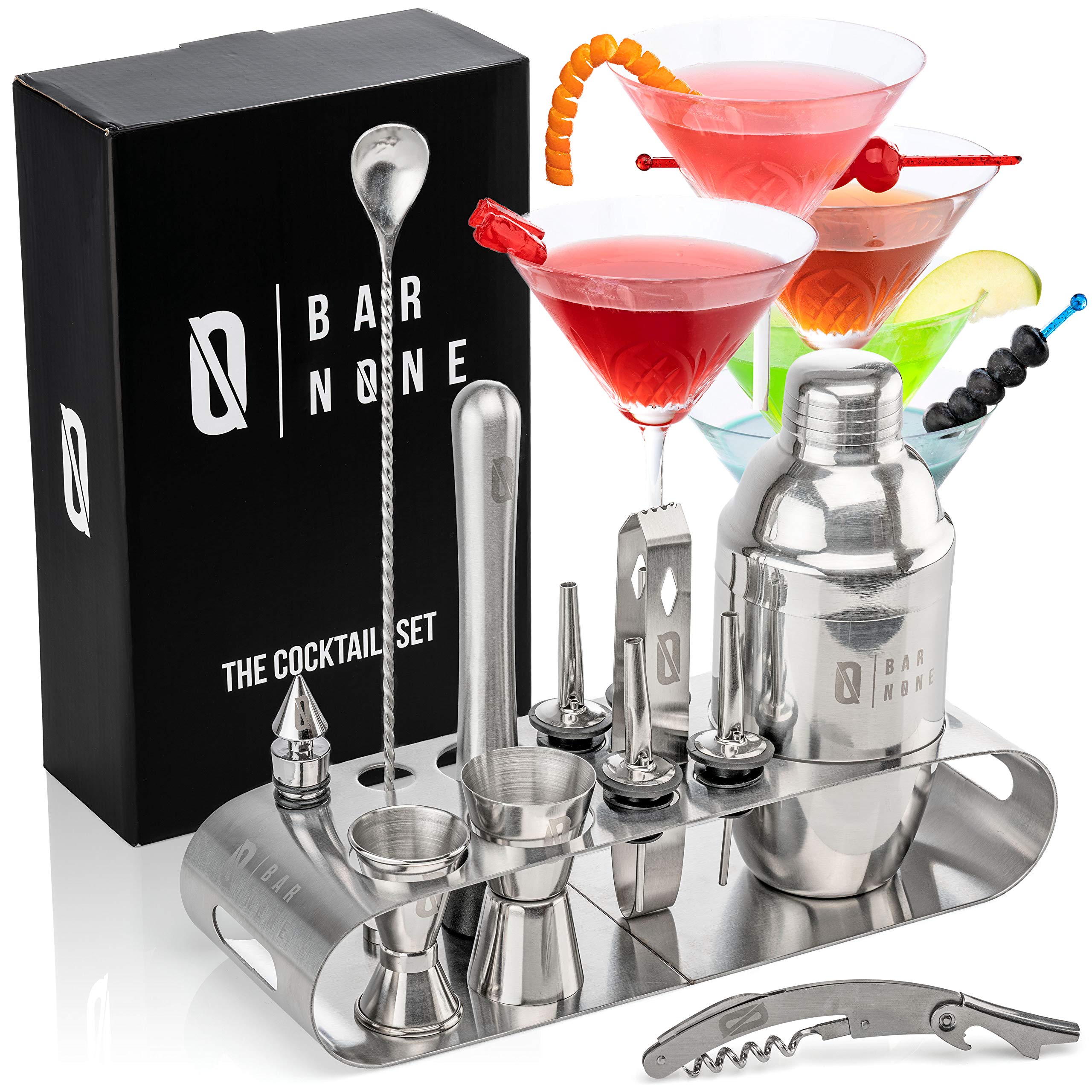 BAR NONE The Cocktail Set | 12-Piece + Stand Bar Set | Exquisite Quality Bartender Kit + Tools | Martini Shaker, Jigger, Shots, Muddler, Spoon, Ice Tongs, Corkscrew Knife Bottle Opener & Liquor Pourer