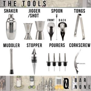 BAR NONE The Cocktail Set | 12-Piece + Stand Bar Set | Exquisite Quality Bartender Kit + Tools | Martini Shaker, Jigger, Shots, Muddler, Spoon, Ice Tongs, Corkscrew Knife Bottle Opener & Liquor Pourer