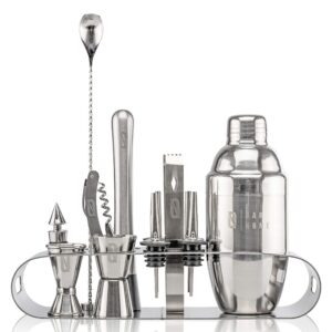 BAR NONE The Cocktail Set | 12-Piece + Stand Bar Set | Exquisite Quality Bartender Kit + Tools | Martini Shaker, Jigger, Shots, Muddler, Spoon, Ice Tongs, Corkscrew Knife Bottle Opener & Liquor Pourer