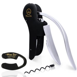 wine ziz black screw-pull lever corkscrew wine bottle opener set with bonus foil cutter tool and extra spare corkscrew spiral, heavy-duty metal manual cork screw, best wine gift kit (silver)