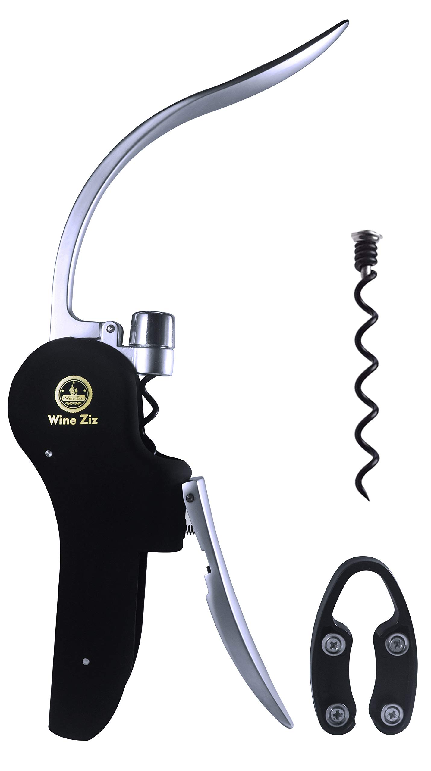 Wine Ziz Black Screw-pull Lever Corkscrew Wine Bottle Opener Set with Bonus Foil Cutter Tool and Extra Spare Corkscrew Spiral, Heavy-Duty Metal Manual Cork Screw, Best Wine Gift Kit (Silver)