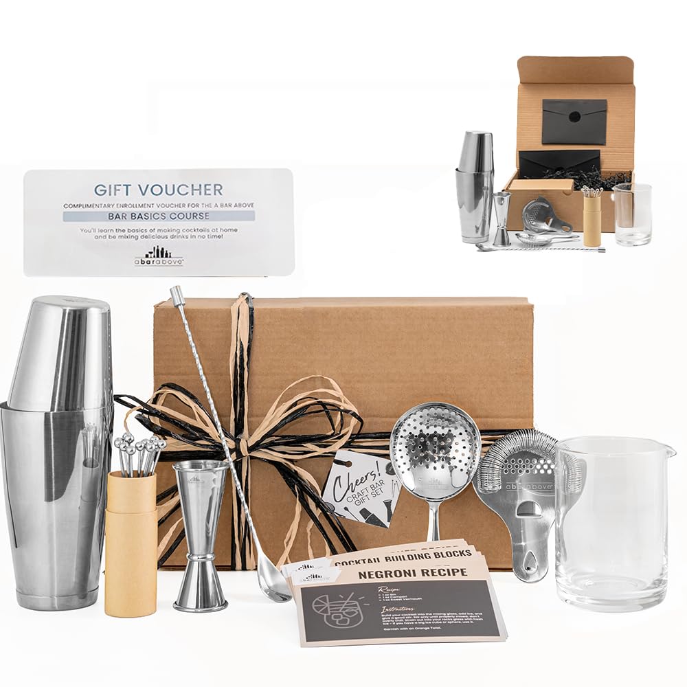 A Bar Above 22-Piece Professional Bartender Gift Set - Premium Barware for Home Bar - Bartending Kit Includes Boston Shaker, Jigger, Mixing Glass & More - Valentines Day Gifts for Him & Her