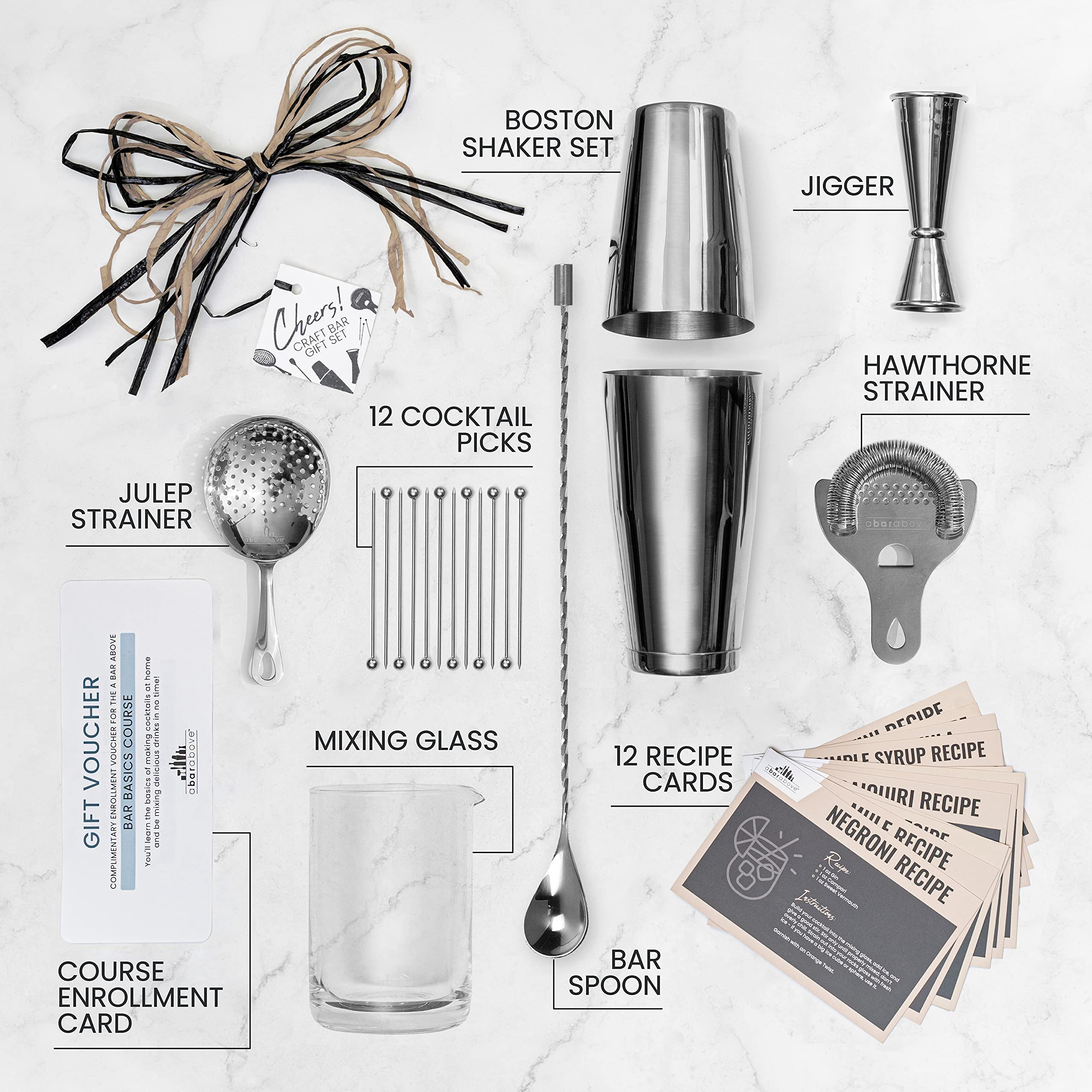 A Bar Above 22-Piece Professional Bartender Gift Set - Premium Barware for Home Bar - Bartending Kit Includes Boston Shaker, Jigger, Mixing Glass & More - Valentines Day Gifts for Him & Her