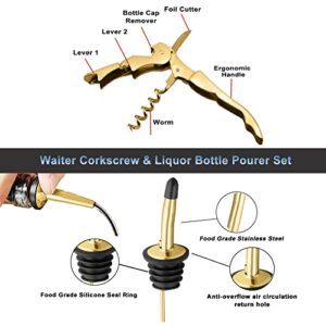 WAFJAMF Professional Waiter Corkscrew Wine Opener & Liquor Bottle Pourer Set w/Foil Cutter and Cap Remover, Stainless Steel Double Hinged Wine Key for Servers, Waiters, Bartenders(Gold)