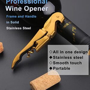 WAFJAMF Professional Waiter Corkscrew Wine Opener & Liquor Bottle Pourer Set w/Foil Cutter and Cap Remover, Stainless Steel Double Hinged Wine Key for Servers, Waiters, Bartenders(Gold)