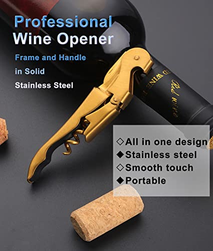 WAFJAMF Professional Waiter Corkscrew Wine Opener & Liquor Bottle Pourer Set w/Foil Cutter and Cap Remover, Stainless Steel Double Hinged Wine Key for Servers, Waiters, Bartenders(Gold)