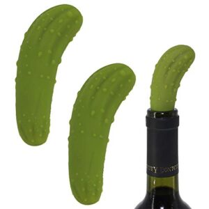 2 packs funny pickle wine stoppers, decorative wine gifts, air tight reusable silicone bottle stopper, cute wine gadget, unique wine lovers gift, fun beverage accessories for party, home, bar