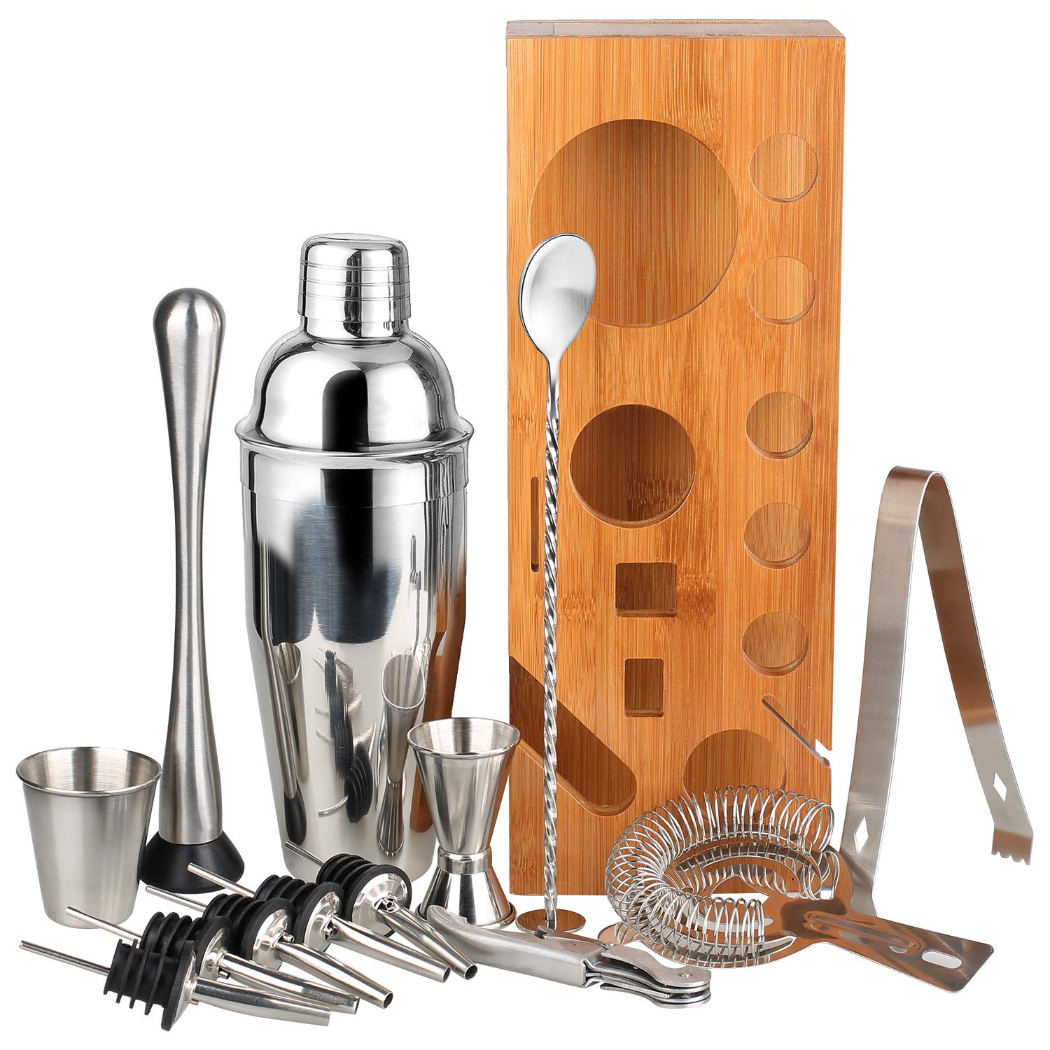 Olebes Bartender Kit, 13-Piece Home Bar Cocktail Shaker Bar Set with Stylish Bamboo Stand, Stainless Steel Bar Tool Set, Great for Home Bartending Kit for Drink Mixing