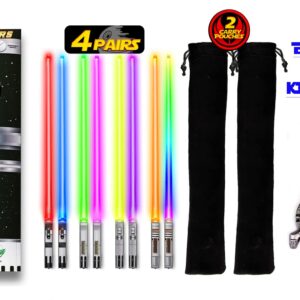 SaberChops Lightsaber Chopsticks Light Up Star Wars LED Reusable 8 Color Modes - 4 PAIRS FREE Millennium Falcon Keychain Bottle Opener Multicolor