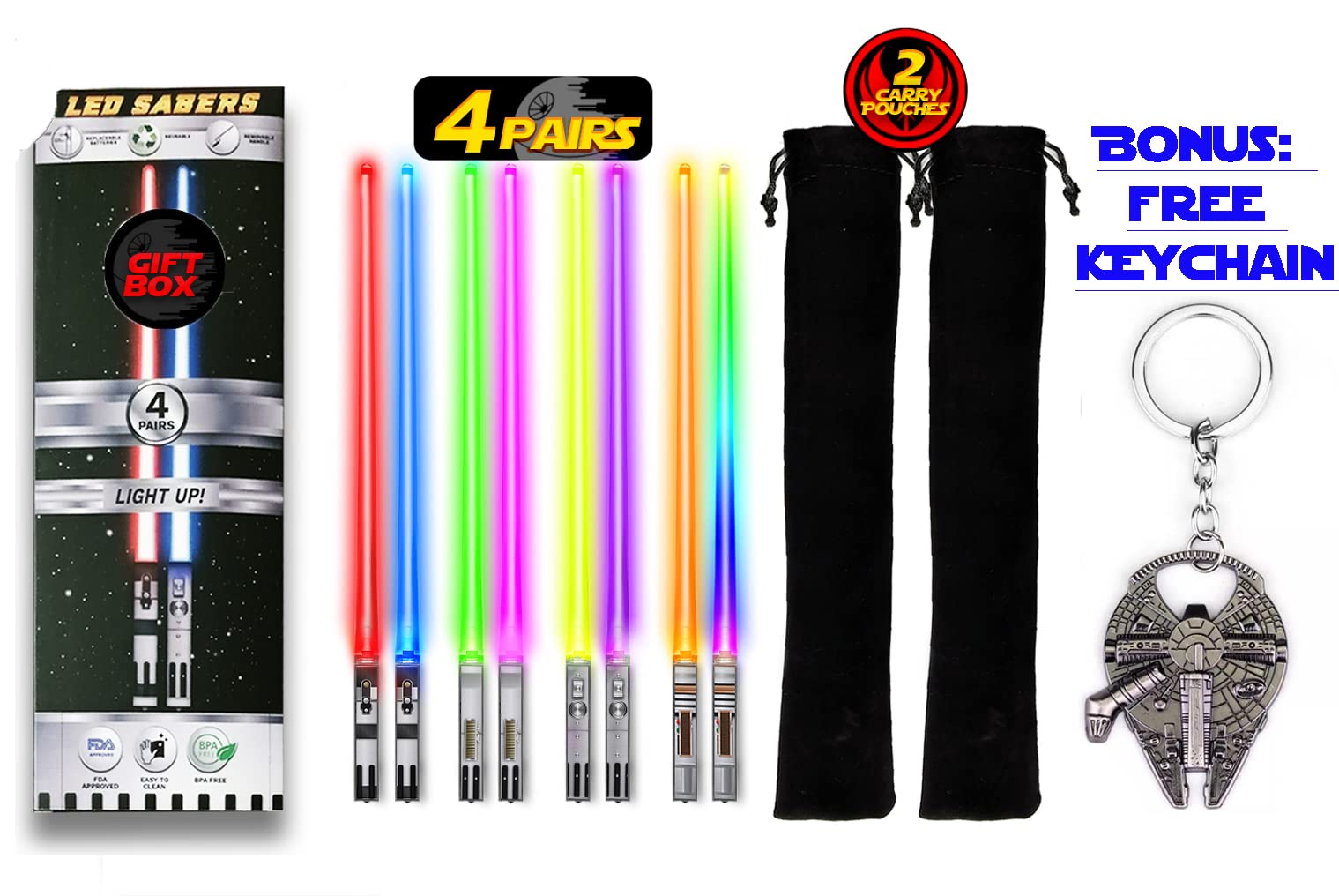 SaberChops Lightsaber Chopsticks Light Up Star Wars LED Reusable 8 Color Modes - 4 PAIRS FREE Millennium Falcon Keychain Bottle Opener Multicolor