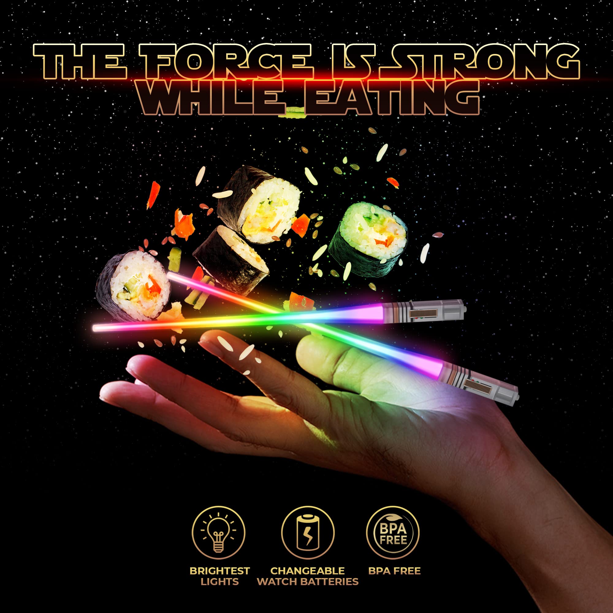 SaberChops Lightsaber Chopsticks Light Up Star Wars LED Reusable 8 Color Modes - 4 PAIRS FREE Millennium Falcon Keychain Bottle Opener Multicolor