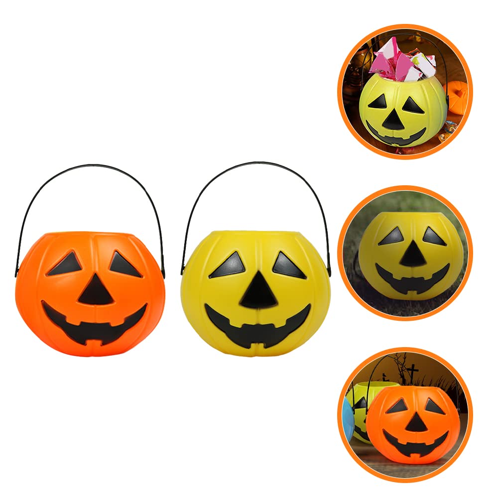 Amosfun 2Pcs Plastic Bucket Halloween Pumpkin Bucket Portable Pumpkin Candy Bucket Trick or Treat Bucket with Handle for Halloween Party Favor Supplies