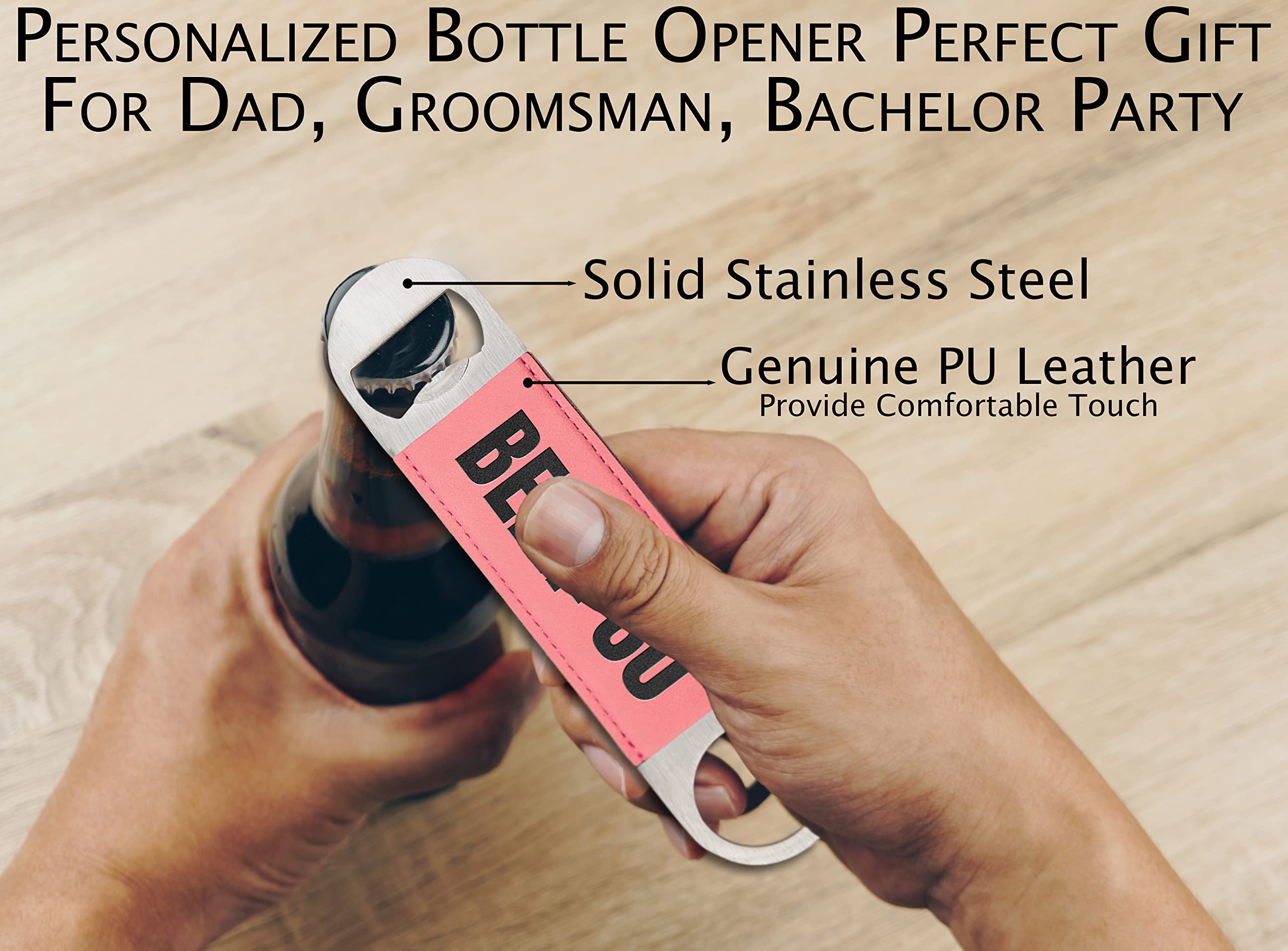 Custom Engraved Stainless Steel Classic Paddle Style Bottle Opener - Personalized Pub Beer Opener Gift for Groomsmen, Men, Women, Bartender (Pink)